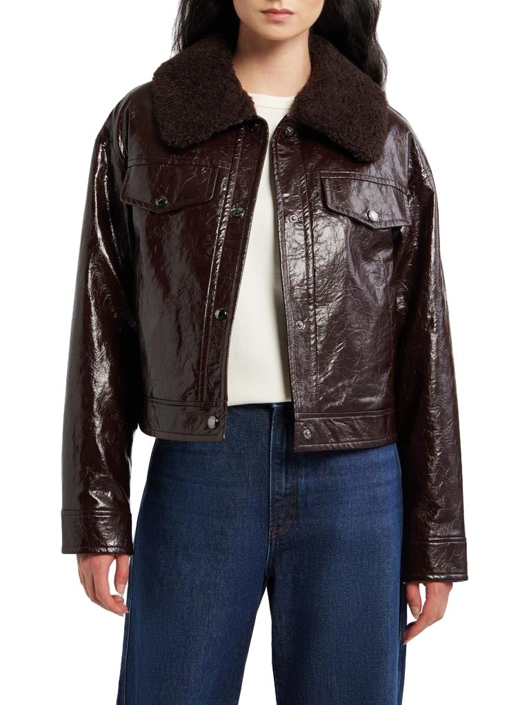 MICHAEL KORS Michael Kors Faux Patent Leather & Faux Shearling Trimmed Jacket